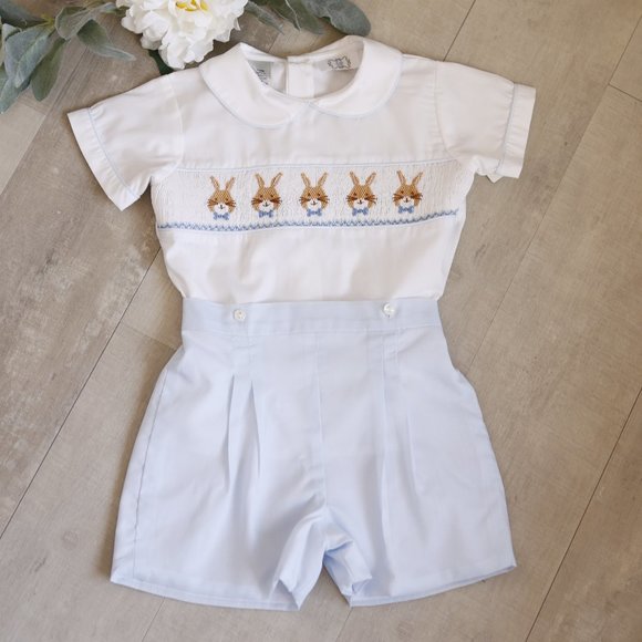 Lulu Bebe | One Pieces | Boys Bunny Bobby Suit White And Blue Heirloom ...